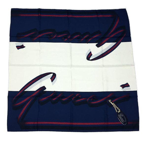 Gucci | Accessories | Gucci Scarf Muffler Carre Silk White X Navy Small ...